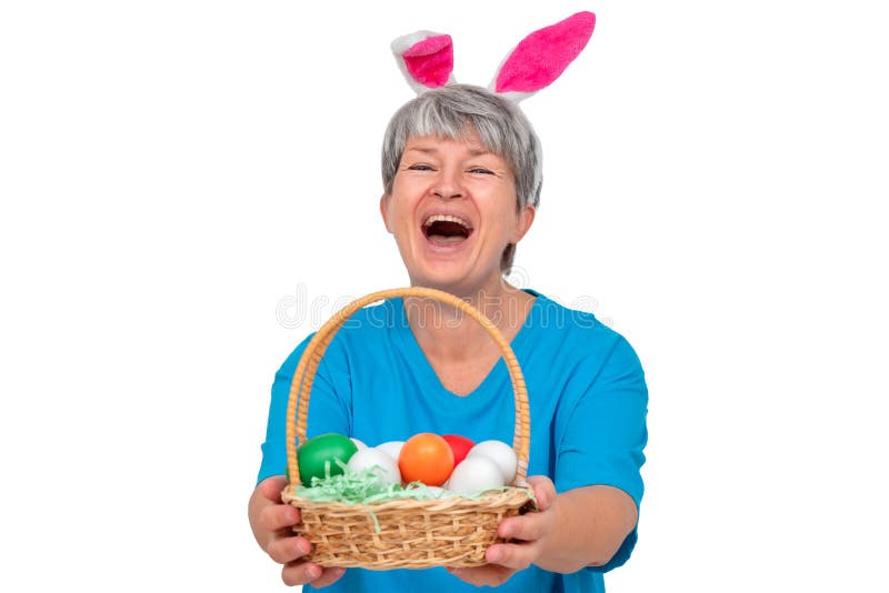 Senior with Easter Basket Isolated Stock Photo - Image of hare ...