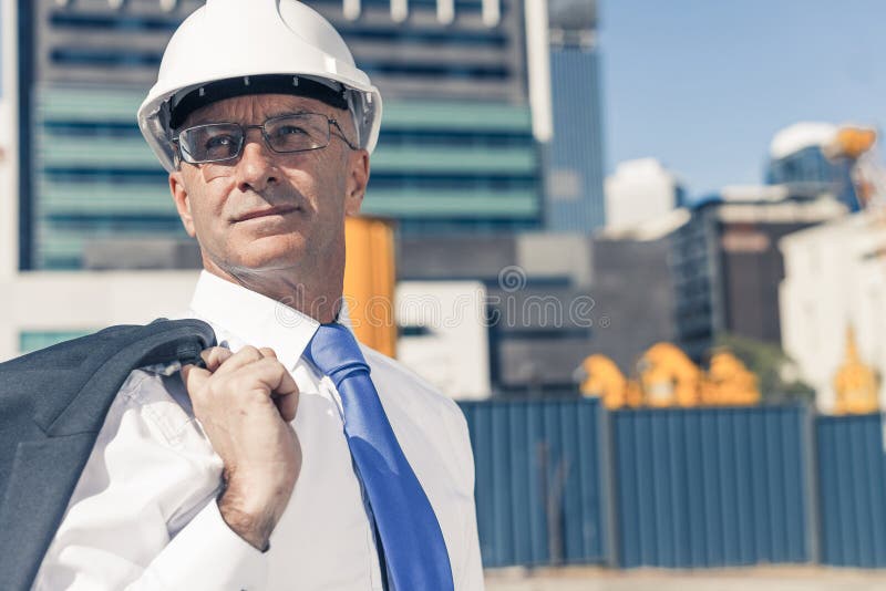 Senior Elegant Builder Man in Suit at Construction Site on Sunny Stock ...