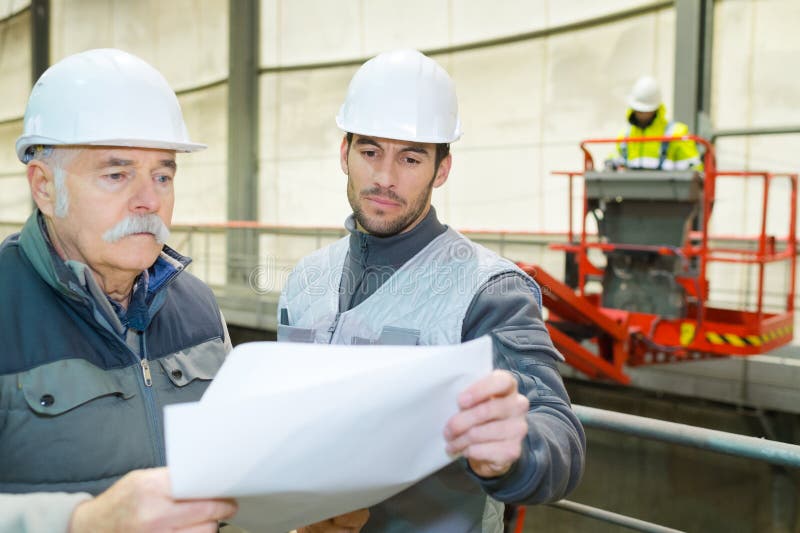 Senior Engineer and Colleague in Hardhat Standing in Factory Stock ...