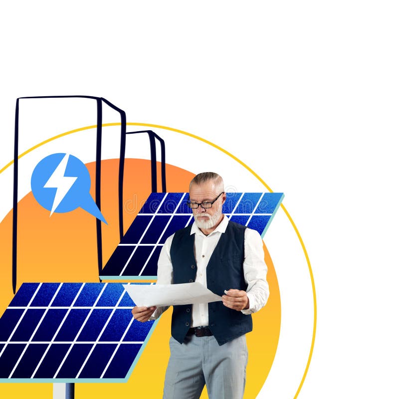 Senior Engineer Studying Solar Panel Blueprints, Against Backdrop of ...