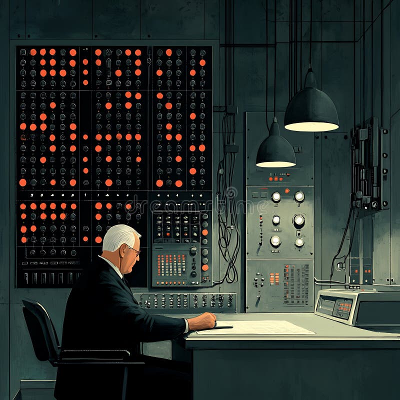 Senior Engineer Working on Retro Computer System Stock Illustration ...
