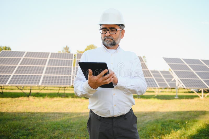 Senior Engineer Working on Solar Panel Farm. the Concept of Green ...