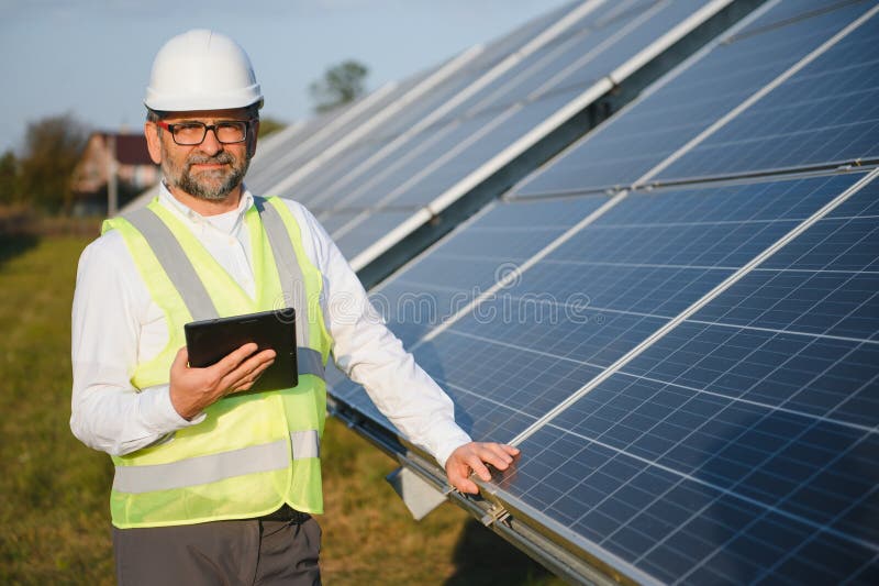 Senior Engineer Working on Solar Panel Farm. the Concept of Green ...