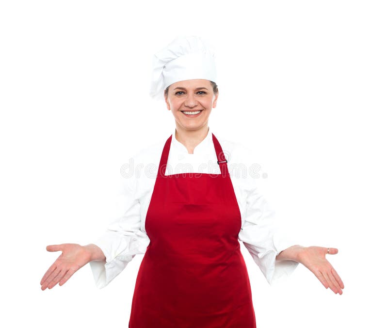 Senior Female Chef Standing with Open Palms Stock Image - Image of ...