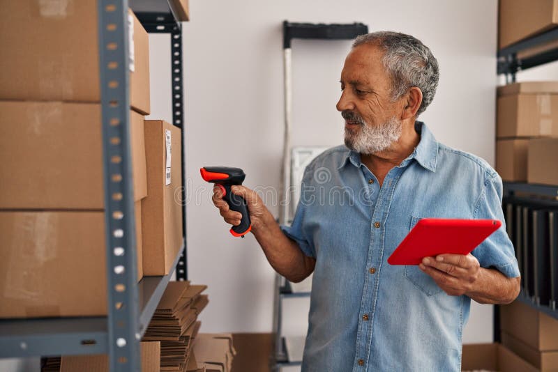 Senior Grey-haired Man Ecommerce Business Worker Scanning Package Using ...