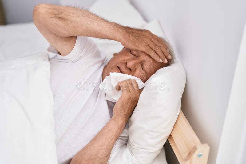 Senior Grey-haired Man Lying on Bed Crying at Bedroom Stock Photo ...