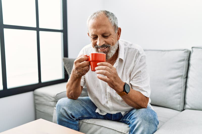 Senior Grey-haired Man Smiling Confident Drinking Coffee at Home Stock ...
