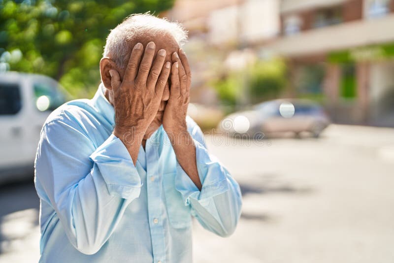 Senior Grey-haired Man Stressed Standing at Street Stock Image - Image ...