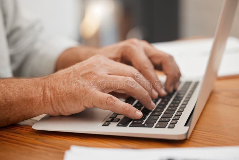 Senior Hands, Laptop and Typing Email, Online Web Search or Writing ...