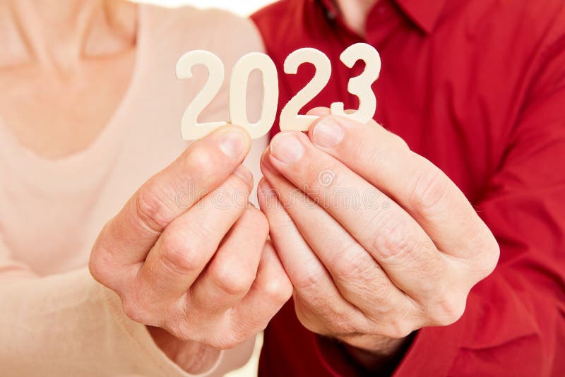 Senior Hands Show Year 2023 As Number Stock Photo - Image of symbol ...