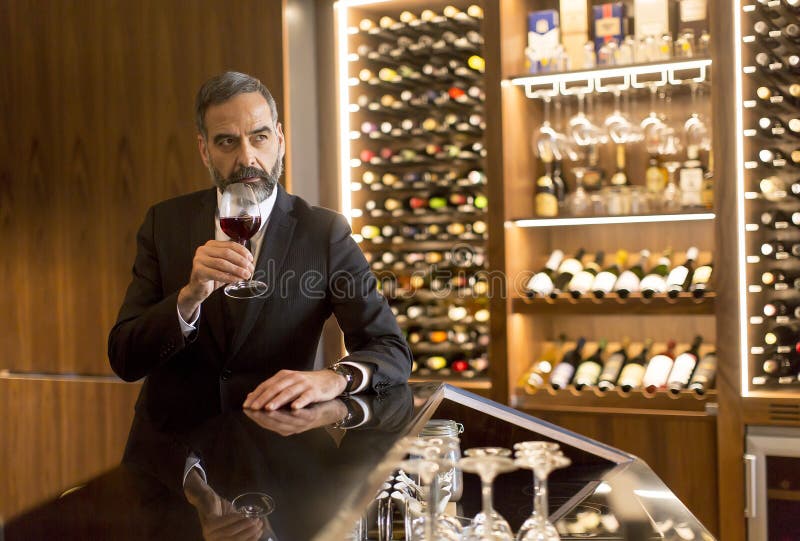 Senior Handsome Man Drinking Red Wine Stock Photo - Image of male ...