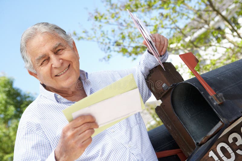 Senior Hispanic Man Checking Mailbox Stock Image - Image of good ...