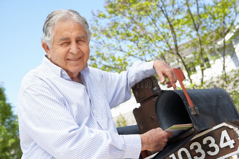 Senior Hispanic Man Checking Mailbox Stock Image - Image of person ...