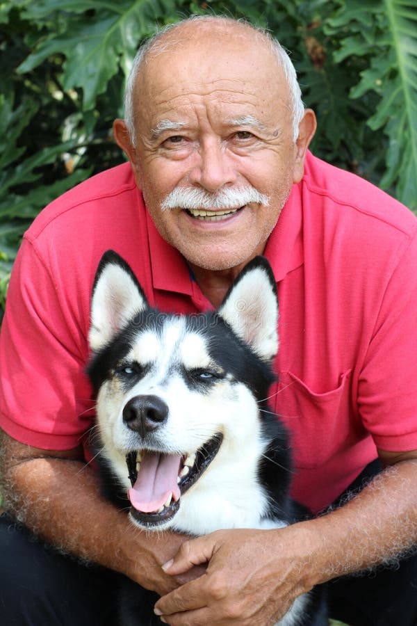 Senior Hispanic Man Hugging His Siberian Husky Stock Image - Image of ...