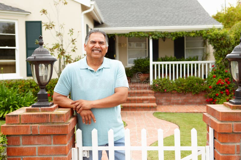 Senior Hispanic Man Outside Home Stock Image - Image of owning ...