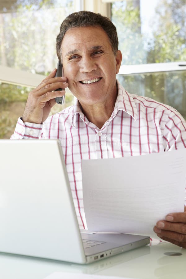 Senior Hispanic Man Working in Home Office Stock Image - Image of ...