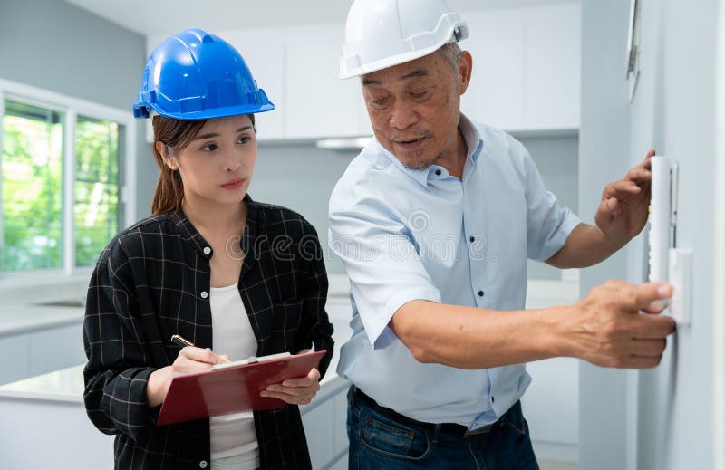 Senior Home Inspector Checking the Electrical Switch and Check Defects ...