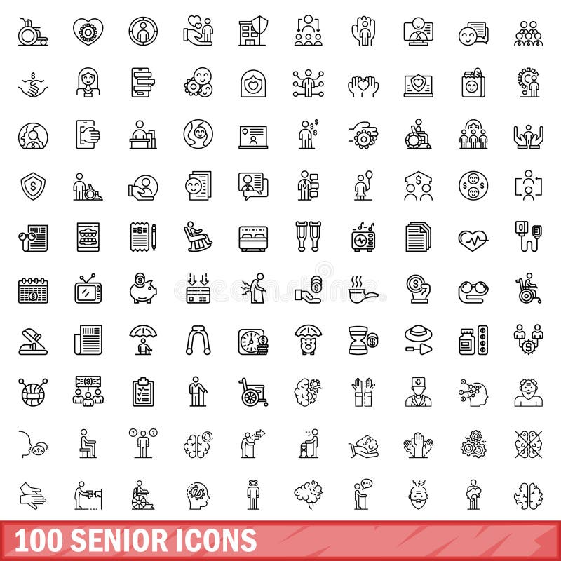 100 Senior Icons Set, Outline Style Stock Vector - Illustration of thin ...