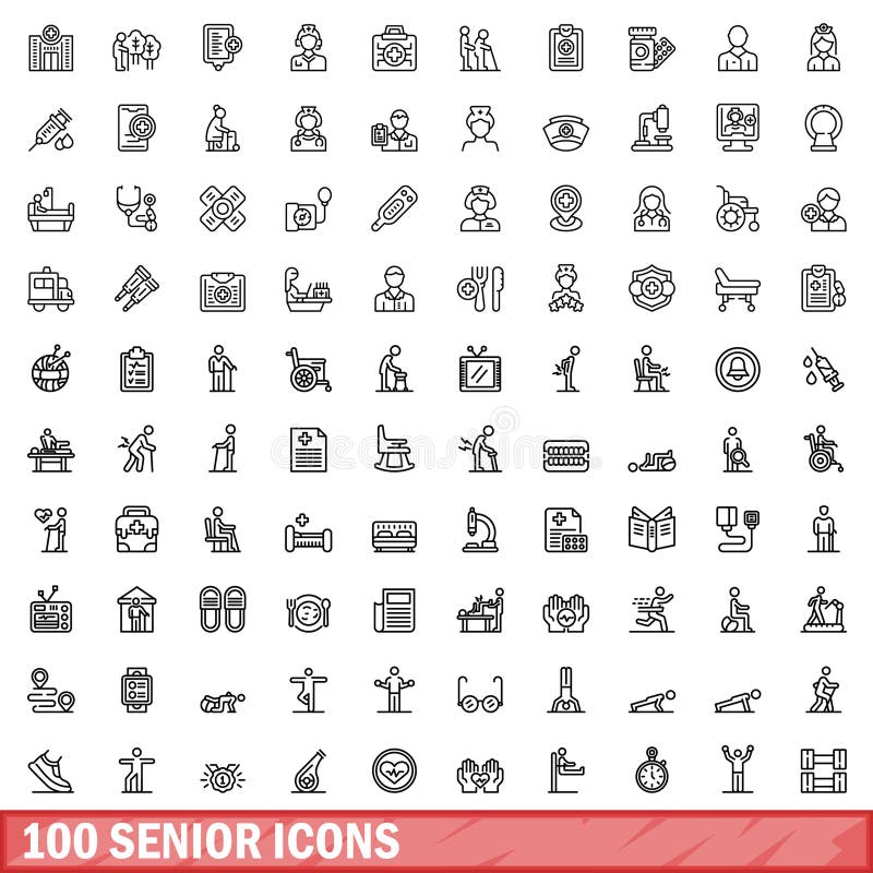 100 Senior Icons Set, Outline Style Stock Illustration - Illustration ...