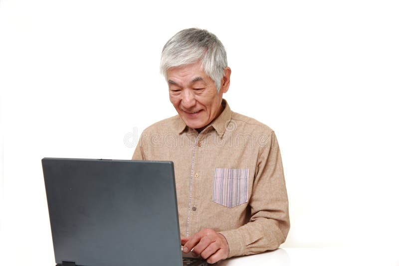Senior Japanese Man Using Laptop Computer Stock Image - Image of ...