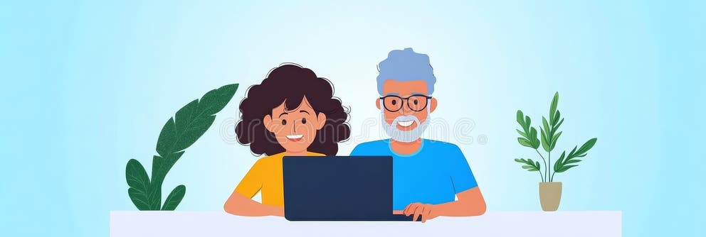 Senior and Junior Working Together on Laptop Teamwork Collaboration ...