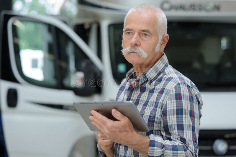 Senior Logistics Man Next To Container Truck with Tablet Stock Photo ...