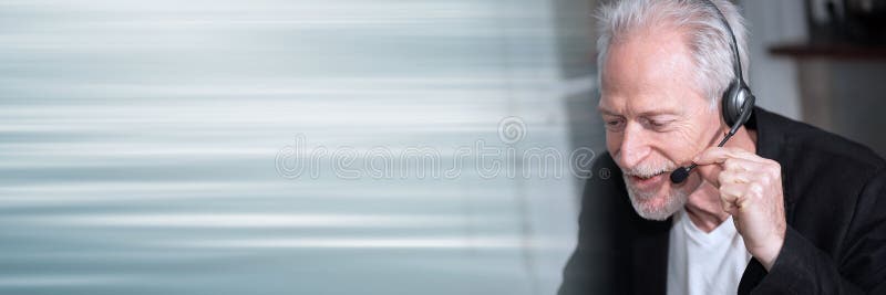 Senior Male Helpline Operator in Headset Panoramic Banner Stock Photo ...