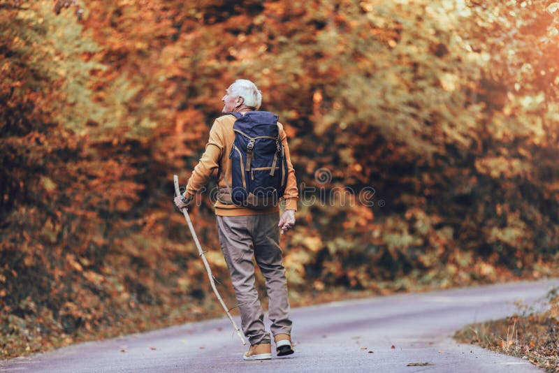 Senior Male Hiker Walking with Backpack Stock Image - Image of backpack ...