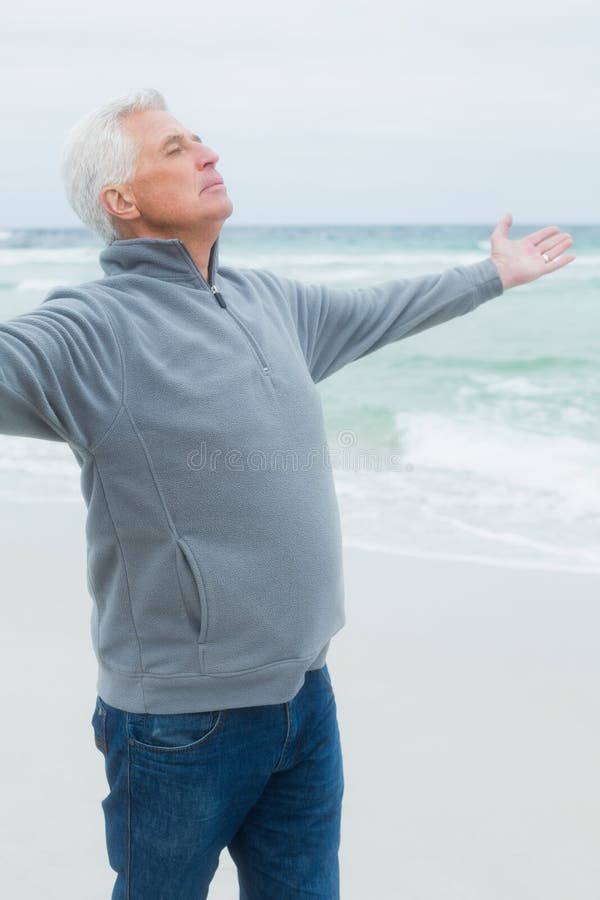 Senior Man with Arms Outstretched at Beach Stock Image - Image of adult ...