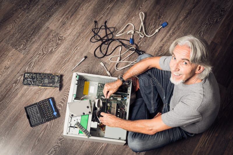 Senior Man Assembling a Desktop Computer Stock Photo - Image of fixing ...