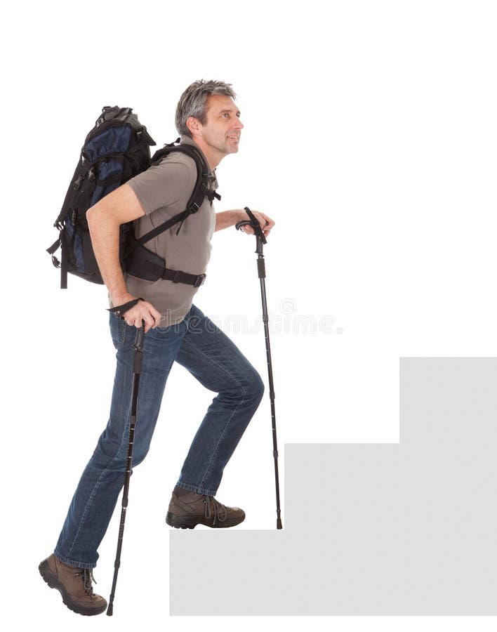 Senior Man with Backpack and Hiking Poles Stock Image - Image of ...