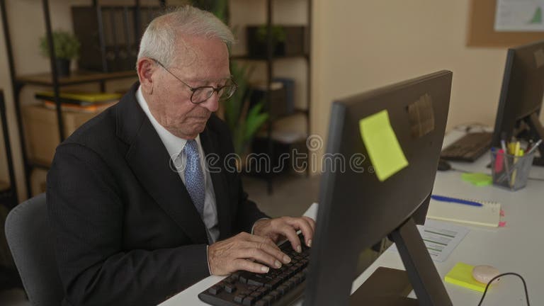 Senior Man in a Business Suit Working at a Computer in a Modern Office ...