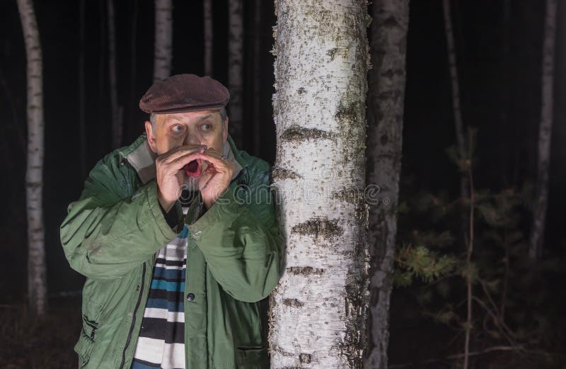 Senior Man Calling for Help Lost in a Forest Stock Photo - Image of ...