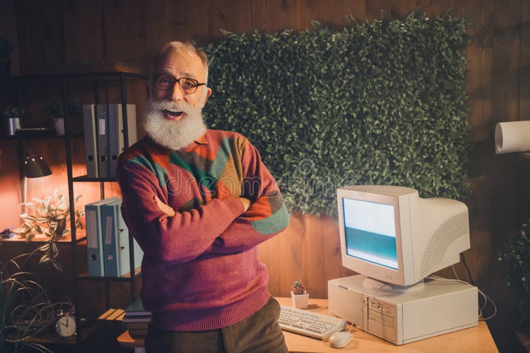 Elderly Male Programmer Working on Vintage Computer in Cozy Home Office ...