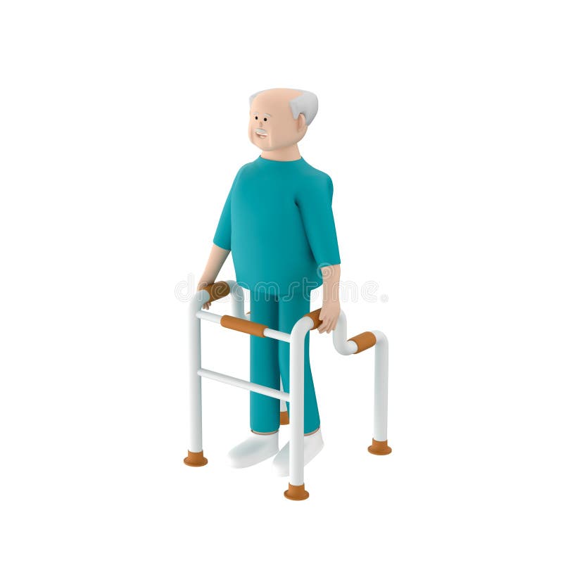 Senior Man Character in Patient Clothes Walking Using an Uplift Walker ...