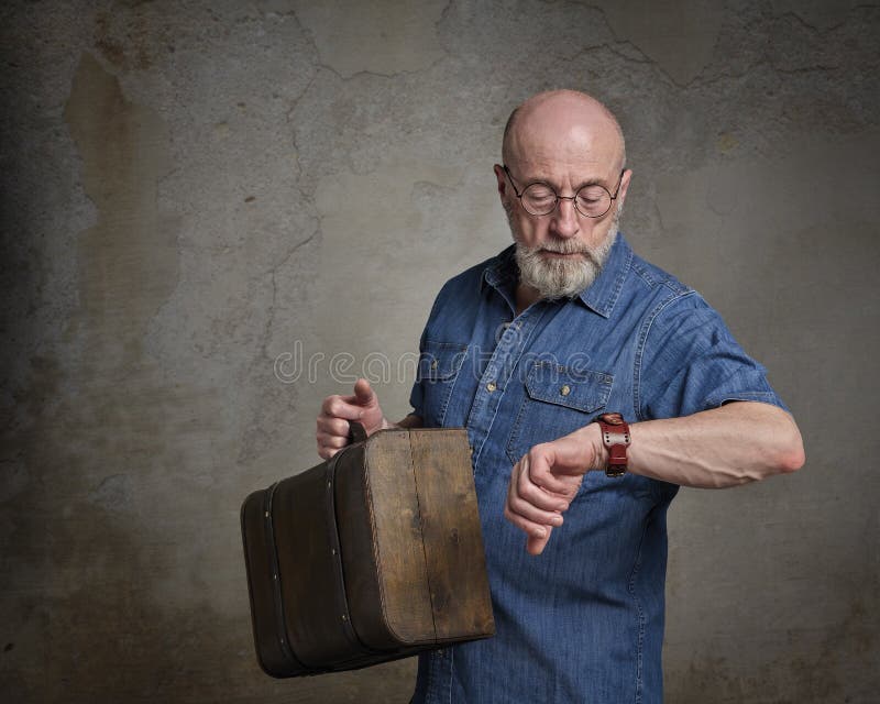 Senior Man is Checking Time Stock Photo - Image of realistic, elderly ...