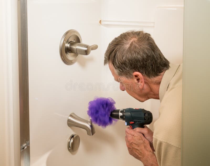 Senior Man Cleaning a Shower with Power Drill Stock Image - Image of ...