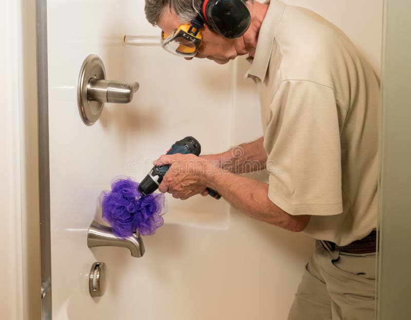 Senior Man Cleaning a Shower with Power Drill Stock Image - Image of ...