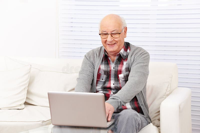Glasses Elderly Old Man Happy Using Looking at Tablet Screen Stock ...
