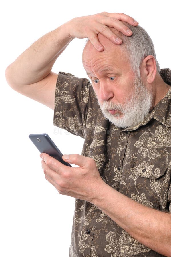 Senior Man Confused With Something At Mobile Smartphone Isolated On