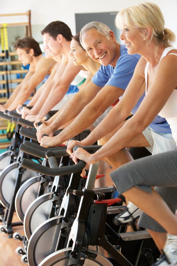 Senior Man Cycling in Spinning Class Stock Image - Image of active ...