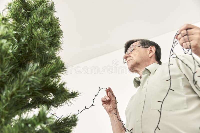 Man Putting String Lights Christmas Tree Stock Photos - Free & Royalty ...