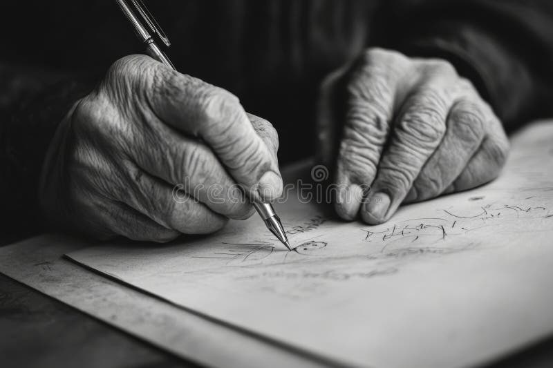 Senior Man Drawing on Paper Using a Pen Stock Image - Image of human ...