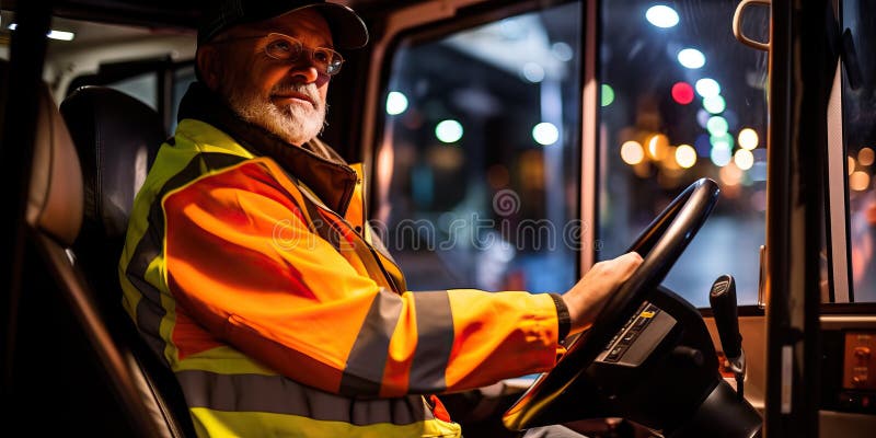 Senior Man Driving a Bus in the City at Night Stock Illustration ...