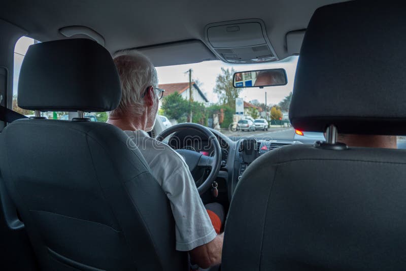 Senior Man Driving Car, Wide Angle Interior View Stock Image - Image of ...