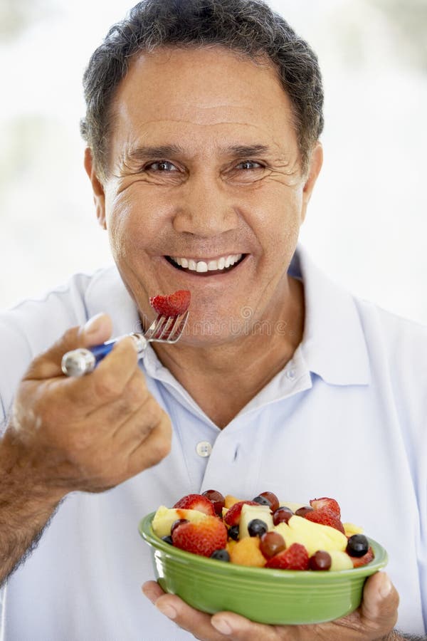 Middle Aged Man Eating Fresh Fruit Salad Stock Image - Image of diet ...
