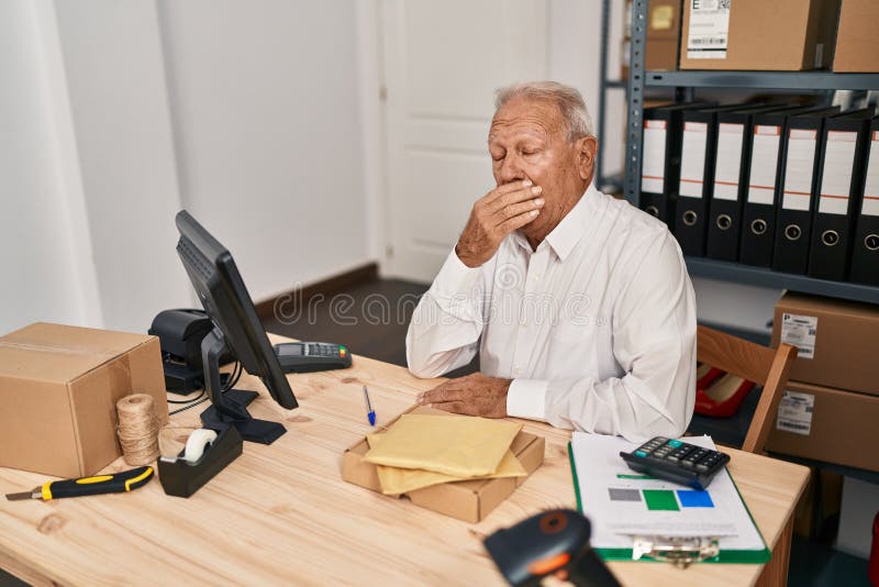 Senior Man Ecommerce Business Worker Tired Working at Office Stock ...