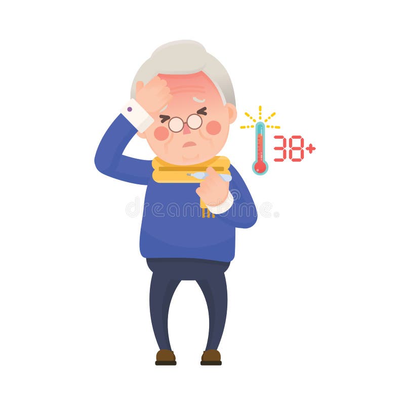 Senior Man with Fever Checking Thermometer Stock Vector - Illustration ...