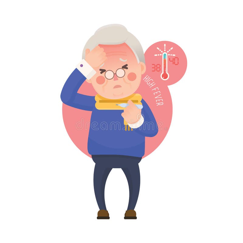 Senior Man with Fever Checking Thermometer Stock Vector - Illustration ...