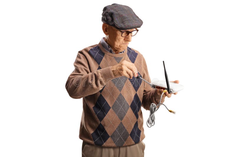 Senior man fixing a router stock image. Image of isolated - 284989033